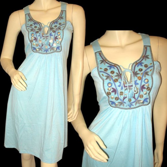 Dresses | New Y2k Babydoll Dress Floral Embroidered Light Blue ...